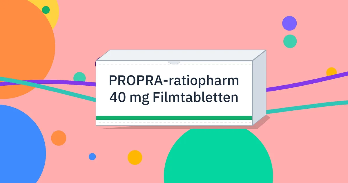 Symbolbild: Packung mit der Aufschrift PROPRA-ratiopharm 40 mg Filmtabletten (PZN 02424425) – Verfügbarkeit und Bezug in Apotheken in Frankfurt am Main