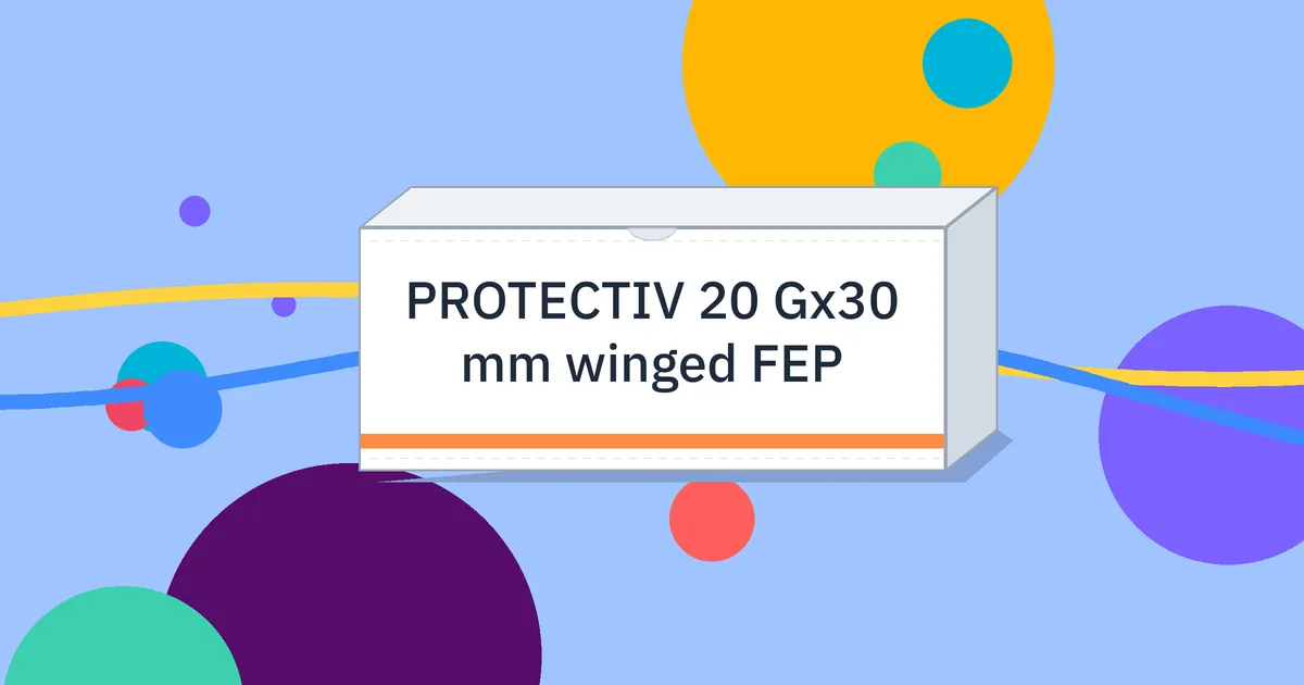 Symbolbild: Packung mit der Aufschrift PROTECTIV 20 Gx30 mm winged FEP (PZN 09104511) – Verfügbarkeit und Bezug in Apotheken in Frankfurt am Main