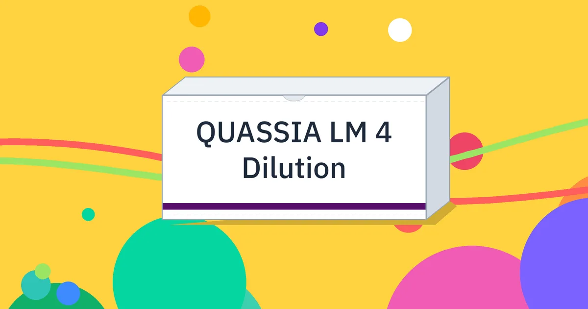 Symbolbild: Packung mit der Aufschrift QUASSIA LM 4 Dilution (PZN 13673108) – Verfügbarkeit und Bezug in Apotheken in Frankfurt am Main