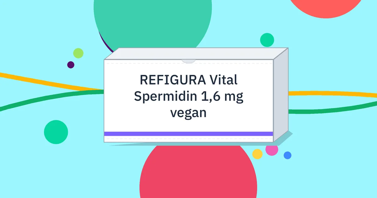 Symbolbild: Packung mit der Aufschrift REFIGURA Vital Spermidin 1,6 mg vegan (PZN 18369697) – Verfügbarkeit und Bezug in Apotheken in Frankfurt am Main