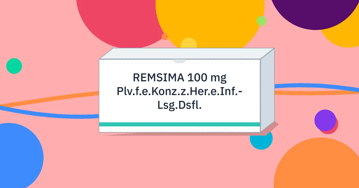Symbolbild: Packung mit der Aufschrift REMSIMA 100 mg Plv.f.e.Konz.z.Her.e.Inf.-Lsg.Dsfl. (PZN 18049780) – Verfügbarkeit und Bezug in Apotheken in Frankfurt am Main