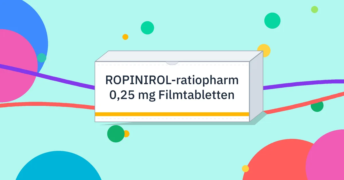 Symbolbild: Packung mit der Aufschrift ROPINIROL-ratiopharm 0,25 mg Filmtabletten (PZN 03391679) – Verfügbarkeit und Bezug in Apotheken in Frankfurt am Main