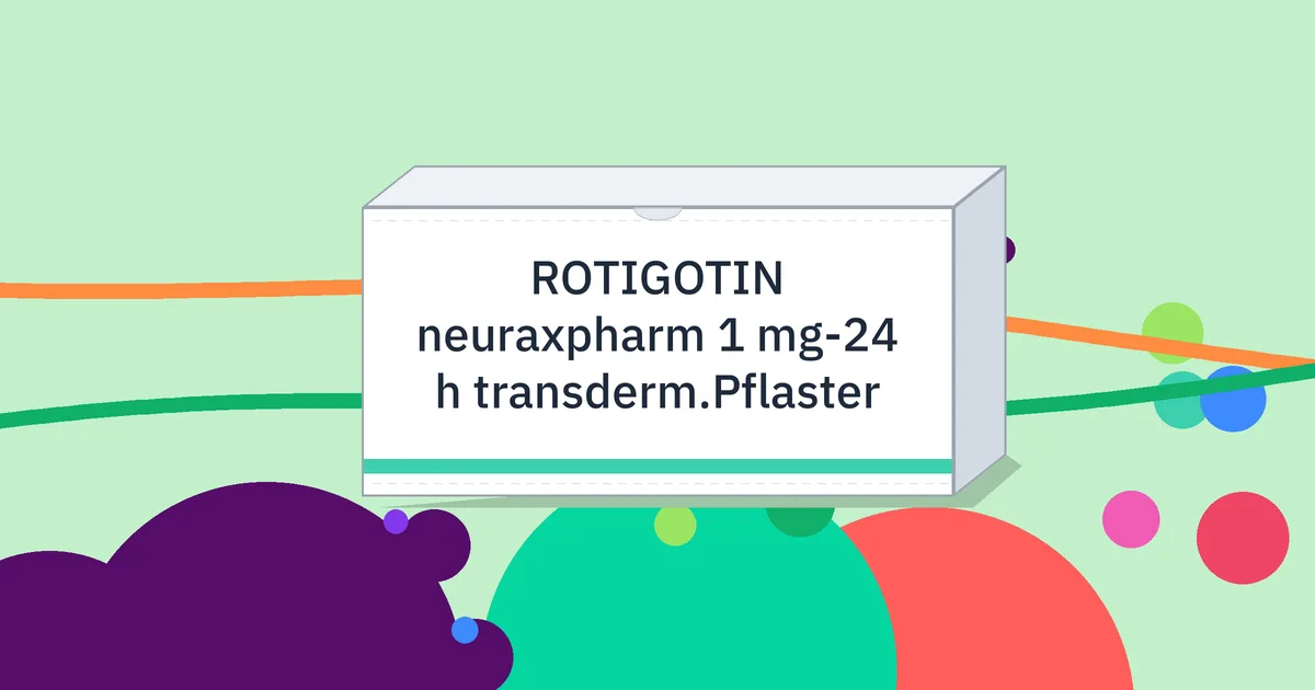 Symbolbild: Packung mit der Aufschrift ROTIGOTIN neuraxpharm 1 mg-24 h transderm.Pflaster (PZN 10003086) – Verfügbarkeit und Bezug in Apotheken in Frankfurt am Main