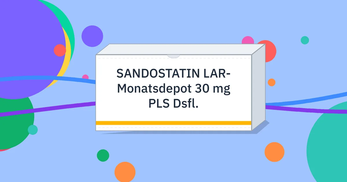 Symbolbild: Packung mit der Aufschrift SANDOSTATIN LAR-Monatsdepot 30 mg PLS Dsfl. (PZN 11482002) – Verfügbarkeit und Bezug in Apotheken in Frankfurt am Main