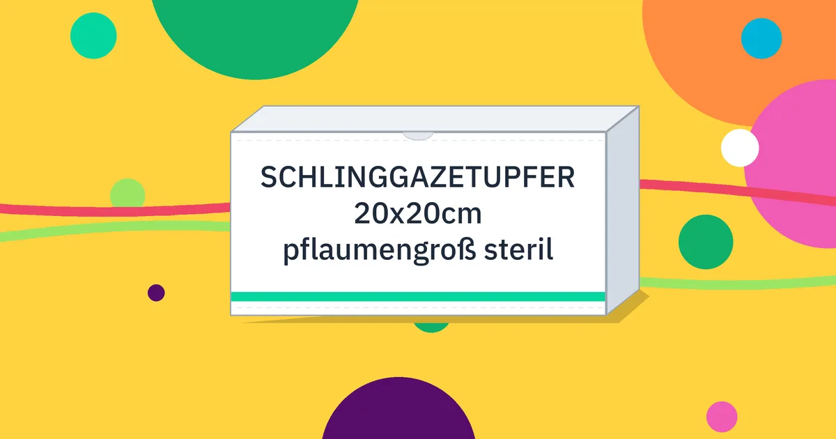 Symbolbild: Packung mit der Aufschrift SCHLINGGAZETUPFER 20x20cm pflaumengroß steril (PZN 09946167) – Verfügbarkeit und Bezug in Apotheken in Frankfurt am Main