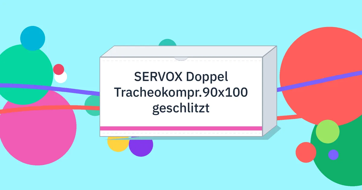 Symbolbild: Packung mit der Aufschrift SERVOX Doppel Tracheokompr.90x100 geschlitzt (PZN 08848267) – Verfügbarkeit und Bezug in Apotheken in Frankfurt am Main