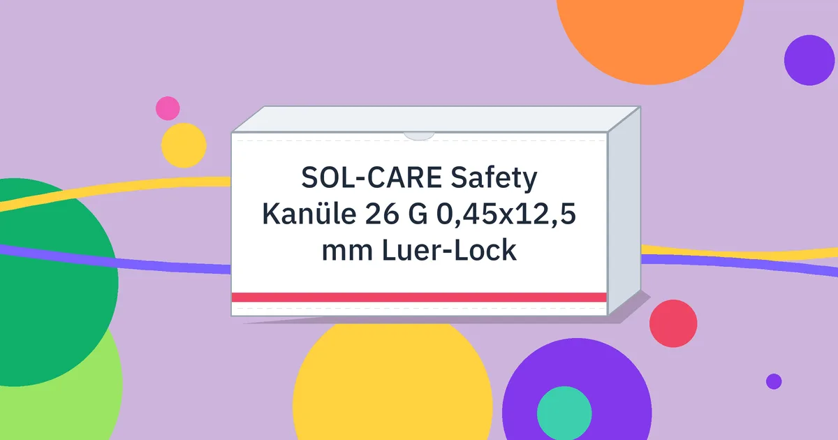 Symbolbild: Packung mit der Aufschrift SOL-CARE Safety Kanüle 26 G 0,45x12,5 mm Luer-Lock (PZN 20328234) – Verfügbarkeit und Bezug in Apotheken in Frankfurt am Main