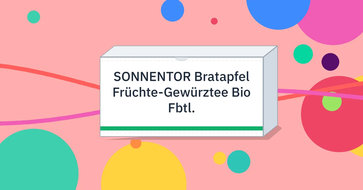 Symbolbild: Packung mit der Aufschrift SONNENTOR Bratapfel Früchte-Gewürztee Bio Fbtl. (PZN 18901956) – Verfügbarkeit und Bezug in Apotheken in Frankfurt am Main