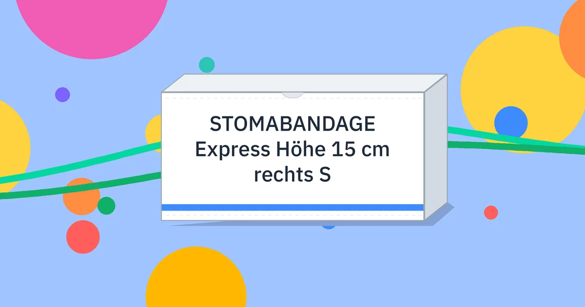 Symbolbild: Packung mit der Aufschrift STOMABANDAGE Express Höhe 15 cm rechts S (PZN 16507824) – Verfügbarkeit und Bezug in Apotheken in Frankfurt am Main