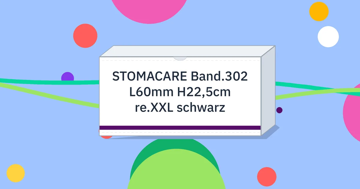 Symbolbild: Packung mit der Aufschrift STOMACARE Band.302 L60mm H22,5cm re.XXL schwarz (PZN 10841019) – Verfügbarkeit und Bezug in Apotheken in Frankfurt am Main