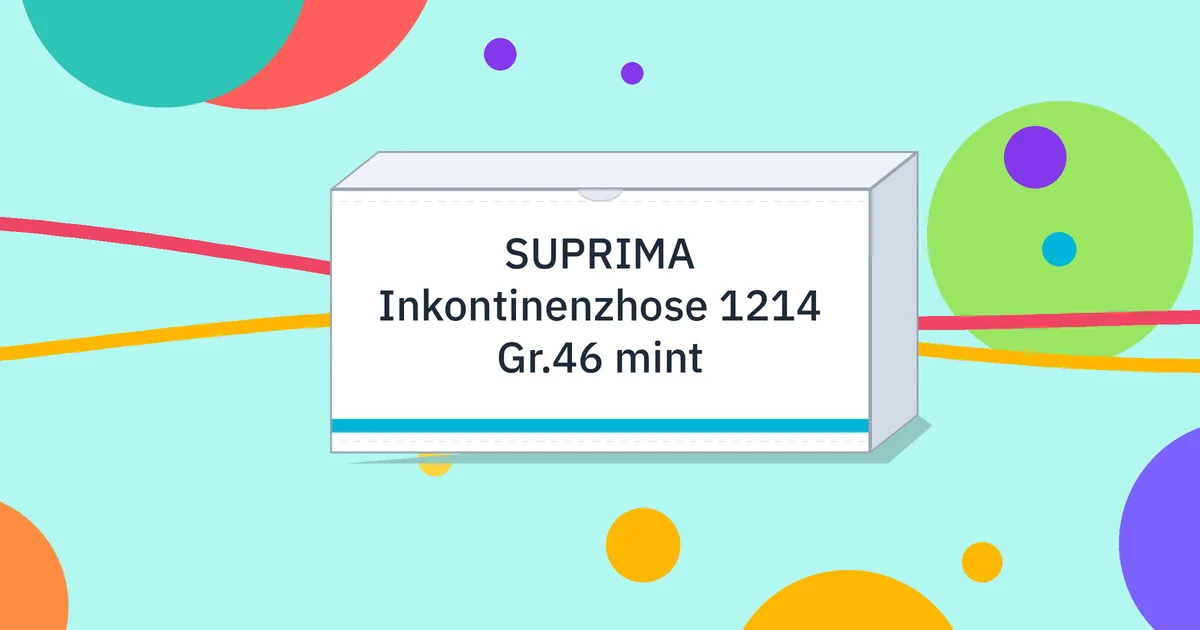 Symbolbild: Packung mit der Aufschrift SUPRIMA Inkontinenzhose 1214 Gr.46 mint (PZN 07633317) – Verfügbarkeit und Bezug in Apotheken in Frankfurt am Main