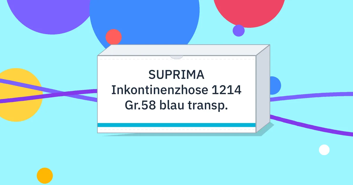 Symbolbild: Packung mit der Aufschrift SUPRIMA Inkontinenzhose 1214 Gr.58 blau transp. (PZN 02852799) – Verfügbarkeit und Bezug in Apotheken in Frankfurt am Main
