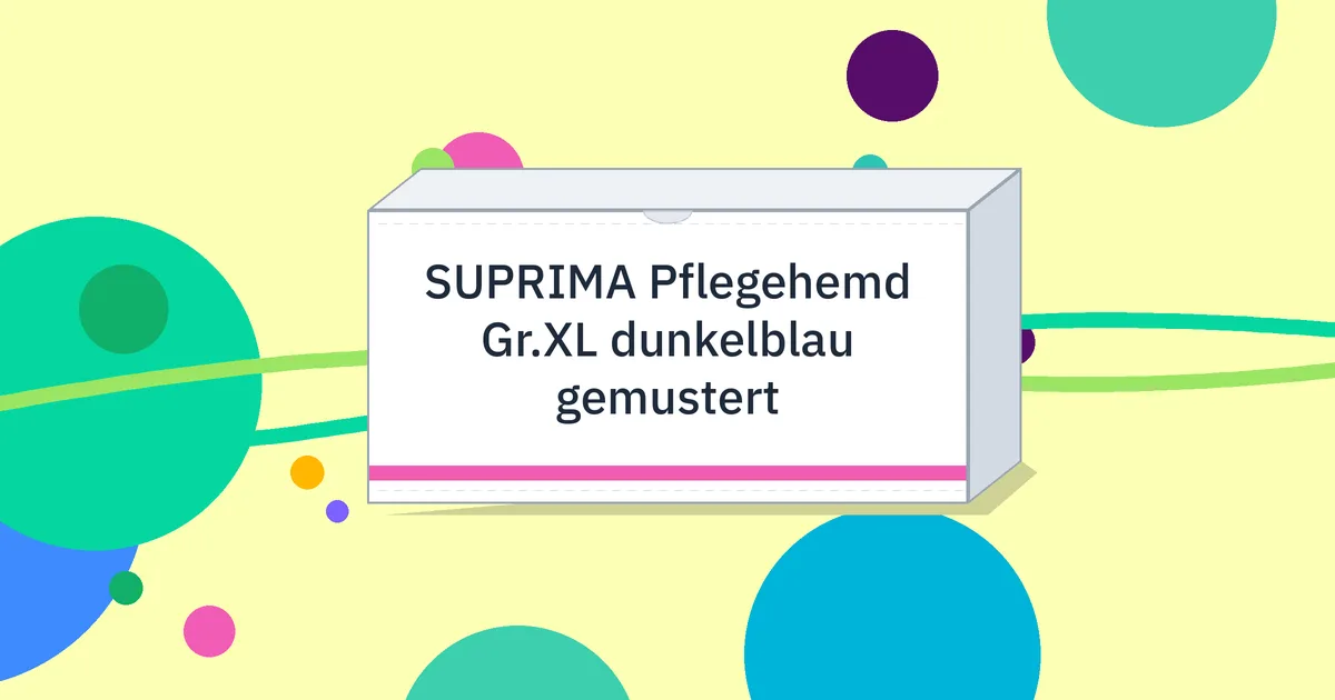 Symbolbild: Packung mit der Aufschrift SUPRIMA Pflegehemd Gr.XL dunkelblau gemustert (PZN 03437766) – Verfügbarkeit und Bezug in Apotheken in Frankfurt am Main