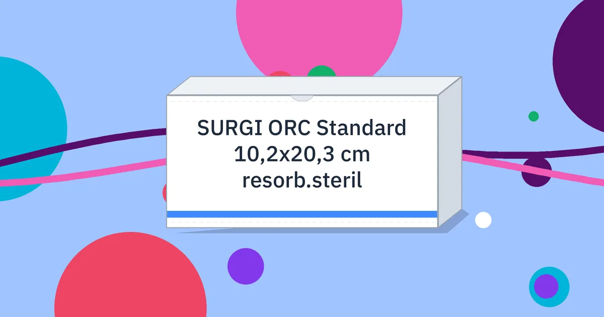 Symbolbild: Packung mit der Aufschrift SURGI ORC Standard 10,2x20,3 cm resorb.steril (PZN 18741375) – Verfügbarkeit und Bezug in Apotheken in Frankfurt am Main