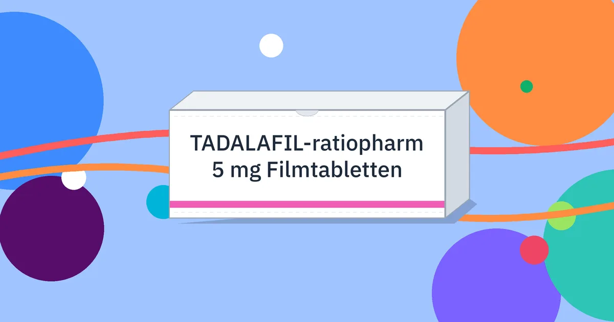 Symbolbild: Packung mit der Aufschrift TADALAFIL-ratiopharm 5 mg Filmtabletten (PZN 13168468) – Verfügbarkeit und Bezug in Apotheken in Frankfurt am Main