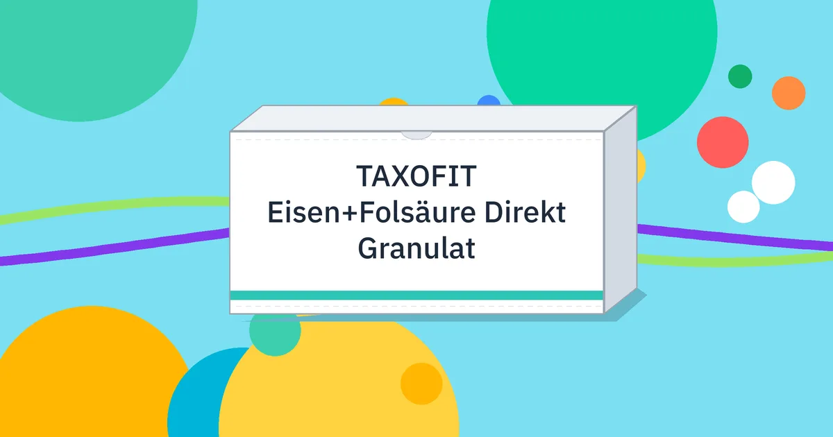 Symbolbild: Packung mit der Aufschrift TAXOFIT Eisen+Folsäure Direkt Granulat (PZN 14136743) – Verfügbarkeit und Bezug in Apotheken in Frankfurt am Main