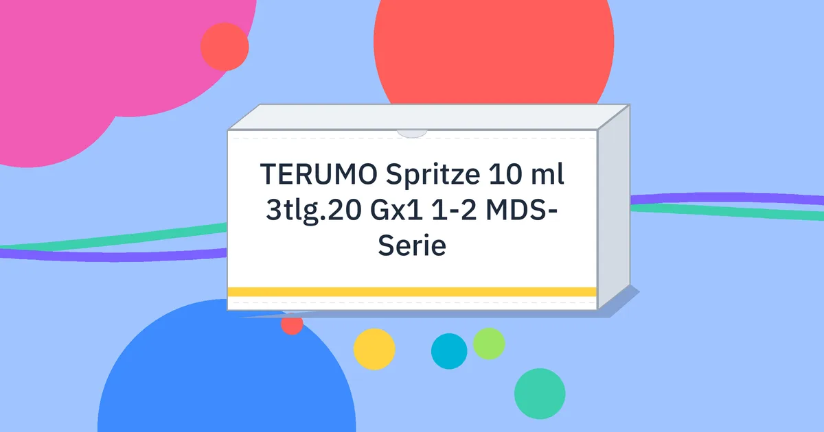 Symbolbild: Packung mit der Aufschrift TERUMO Spritze 10 ml 3tlg.20 Gx1 1-2 MDS-Serie (PZN 17631012) – Verfügbarkeit und Bezug in Apotheken in Frankfurt am Main