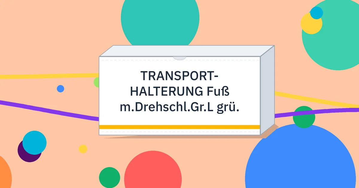 Symbolbild: Packung mit der Aufschrift TRANSPORT-HALTERUNG Fuß m.Drehschl.Gr.L grü. (PZN 17280050) – Verfügbarkeit und Bezug in Apotheken in Frankfurt am Main