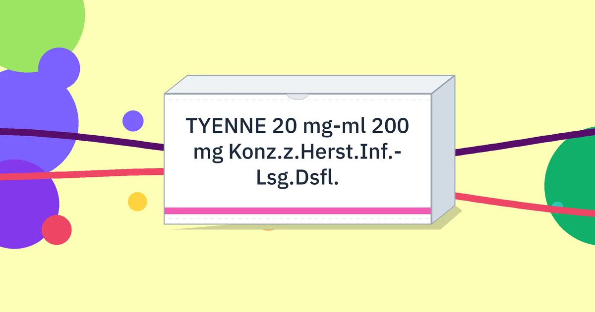 Symbolbild: Packung mit der Aufschrift TYENNE 20 mg-ml 200 mg Konz.z.Herst.Inf.-Lsg.Dsfl. (PZN 19836155) – Verfügbarkeit und Bezug in Apotheken in Frankfurt am Main