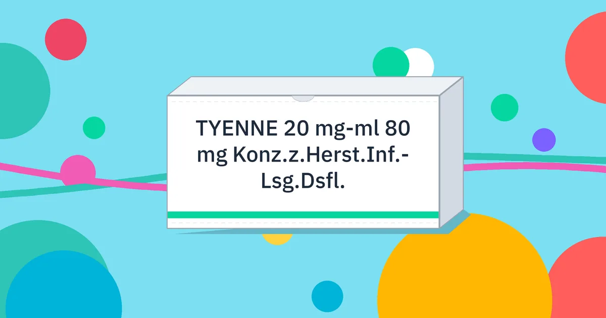 Symbolbild: Packung mit der Aufschrift TYENNE 20 mg-ml 80 mg Konz.z.Herst.Inf.-Lsg.Dsfl. (PZN 19507061) – Verfügbarkeit und Bezug in Apotheken in Frankfurt am Main