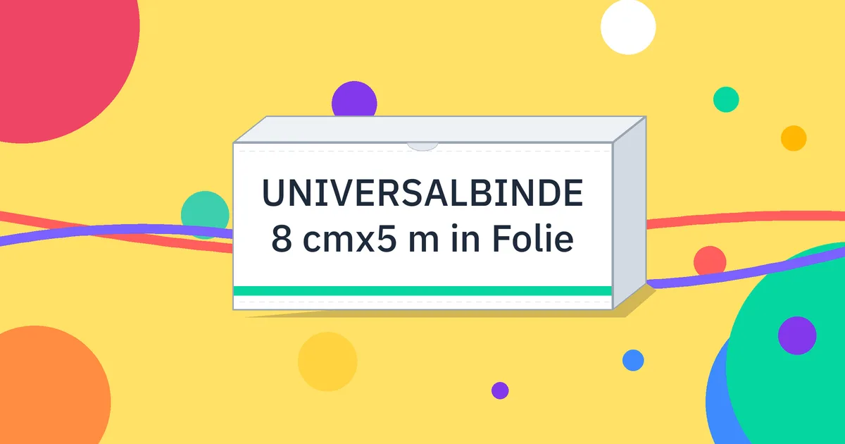 Symbolbild: Packung mit der Aufschrift UNIVERSALBINDE 8 cmx5 m in Folie (PZN 07095647) – Verfügbarkeit und Bezug in Apotheken in Frankfurt am Main