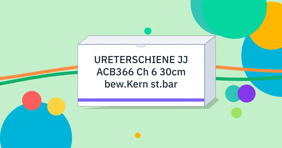 Symbolbild: Packung mit der Aufschrift URETERSCHIENE JJ ACB366 Ch 6 30cm bew.Kern st.bar (PZN 00752409) – Verfügbarkeit und Bezug in Apotheken in Frankfurt am Main