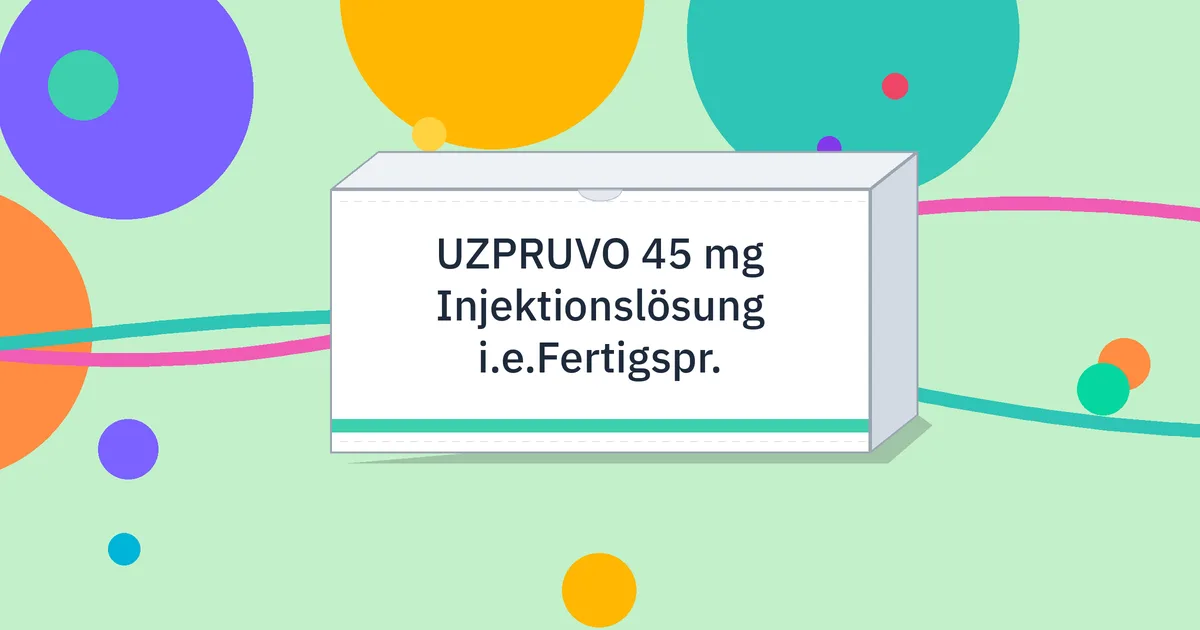 Symbolbild: Packung mit der Aufschrift UZPRUVO 45 mg Injektionslösung i.e.Fertigspr. (PZN 19491963) – Verfügbarkeit und Bezug in Apotheken in Frankfurt am Main