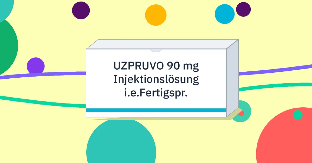Symbolbild: Packung mit der Aufschrift UZPRUVO 90 mg Injektionslösung i.e.Fertigspr. (PZN 19555344) – Verfügbarkeit und Bezug in Apotheken in Frankfurt am Main