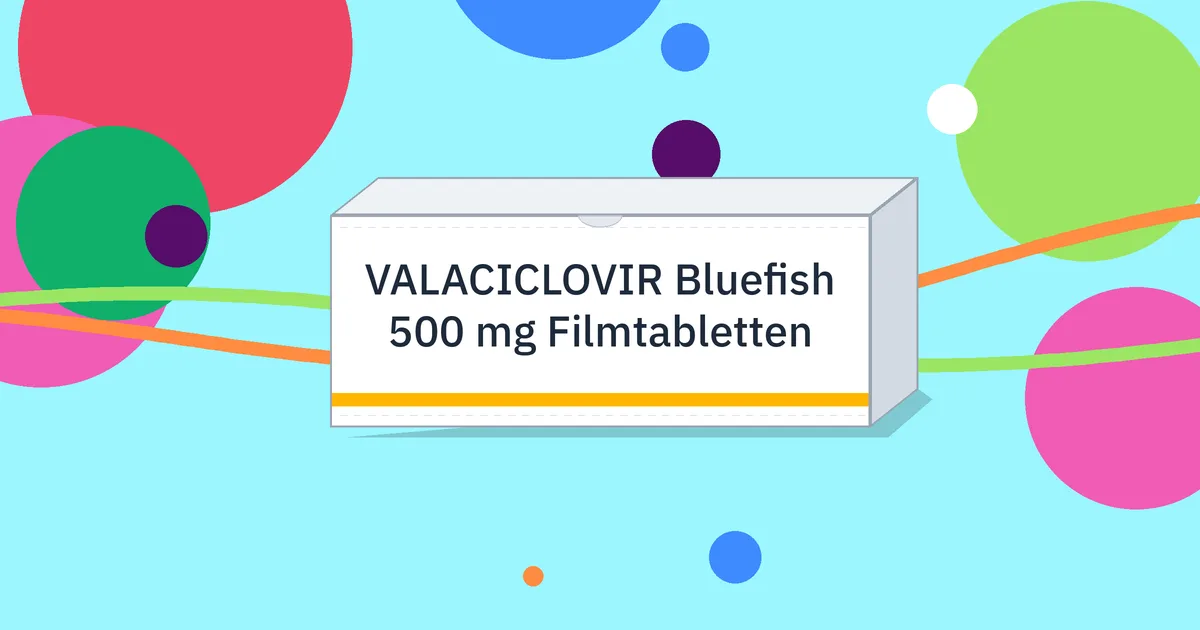 Symbolbild: Packung mit der Aufschrift VALACICLOVIR Bluefish 500 mg Filmtabletten (PZN 05116463) – Verfügbarkeit und Bezug in Apotheken in Frankfurt am Main