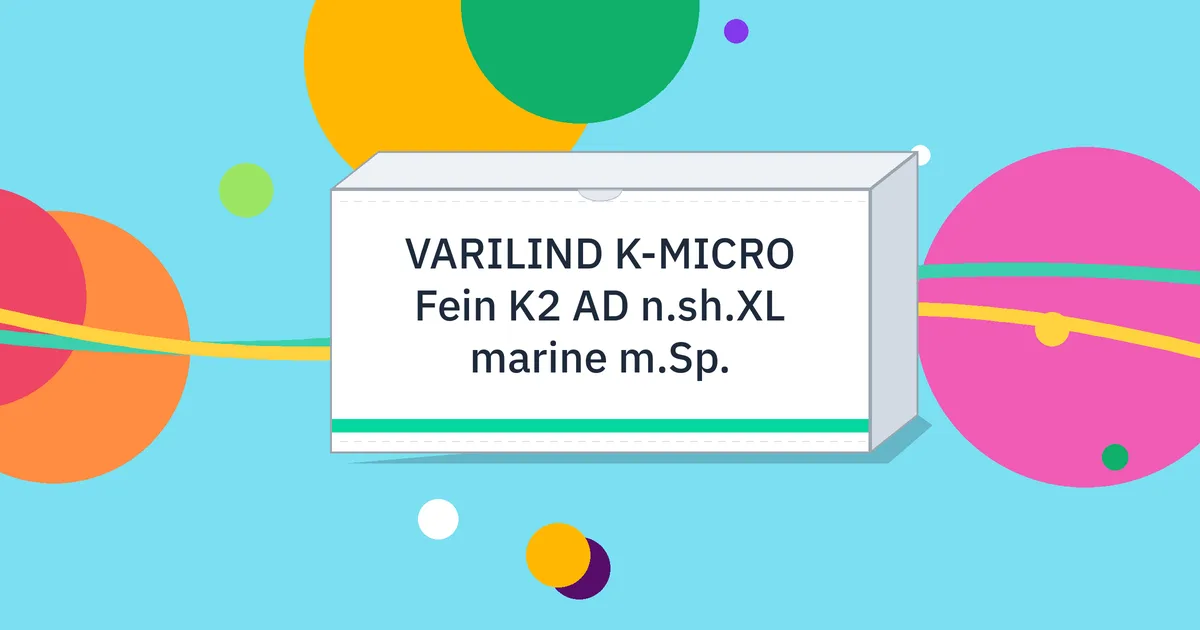 Symbolbild: Packung mit der Aufschrift VARILIND K-MICRO Fein K2 AD n.sh.XL marine m.Sp. (PZN 20619345) – Verfügbarkeit und Bezug in Apotheken in Frankfurt am Main
