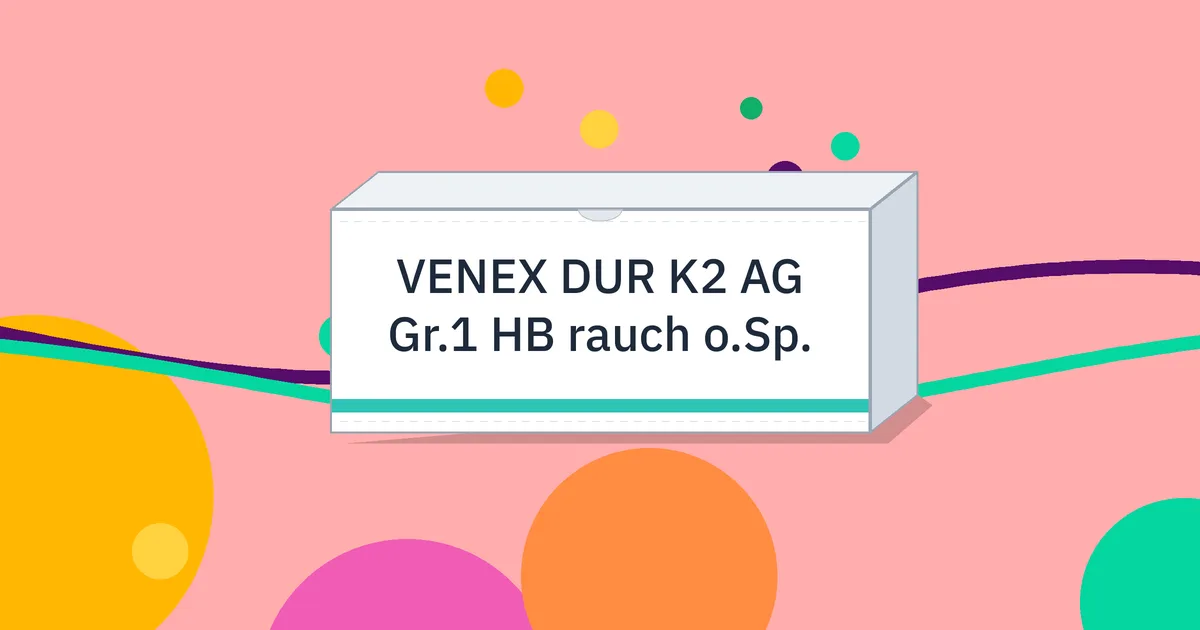 Symbolbild: Packung mit der Aufschrift VENEX DUR K2 AG Gr.1 HB rauch o.Sp. (PZN 03219526) – Verfügbarkeit und Bezug in Apotheken in Frankfurt am Main