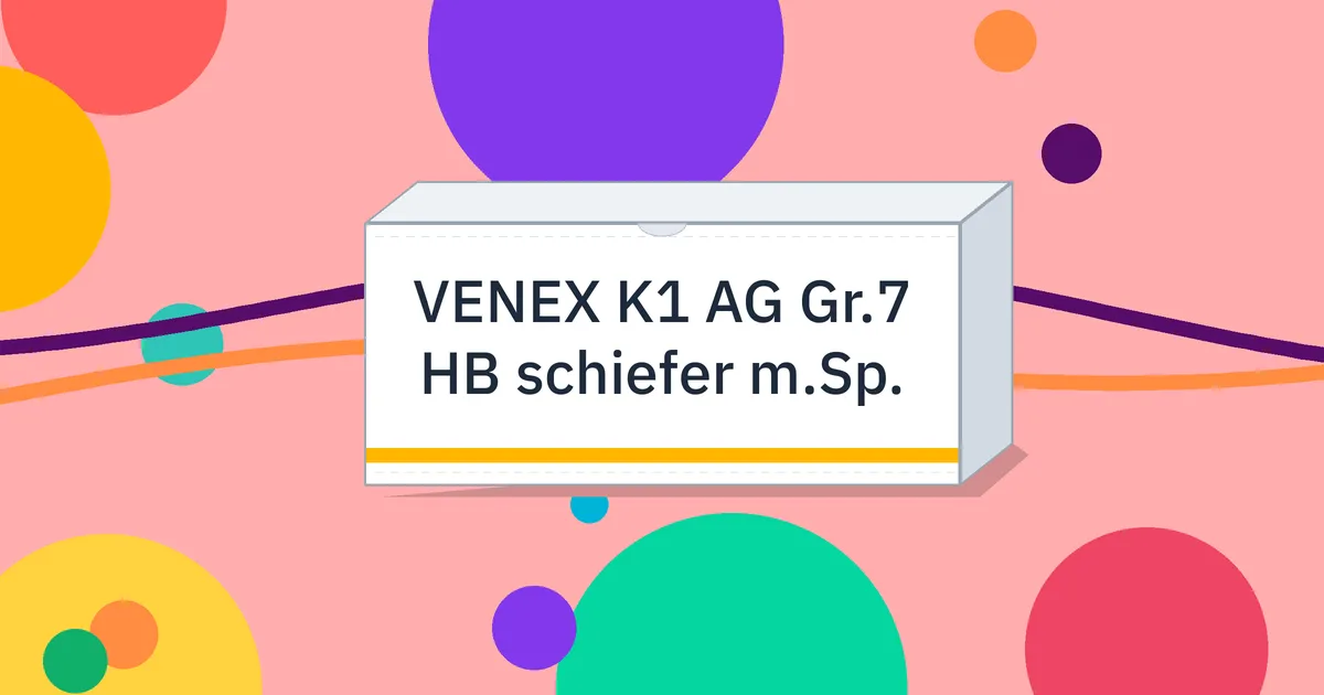 Symbolbild: Packung mit der Aufschrift VENEX K1 AG Gr.7 HB schiefer m.Sp. (PZN 03191911) – Verfügbarkeit und Bezug in Apotheken in Frankfurt am Main