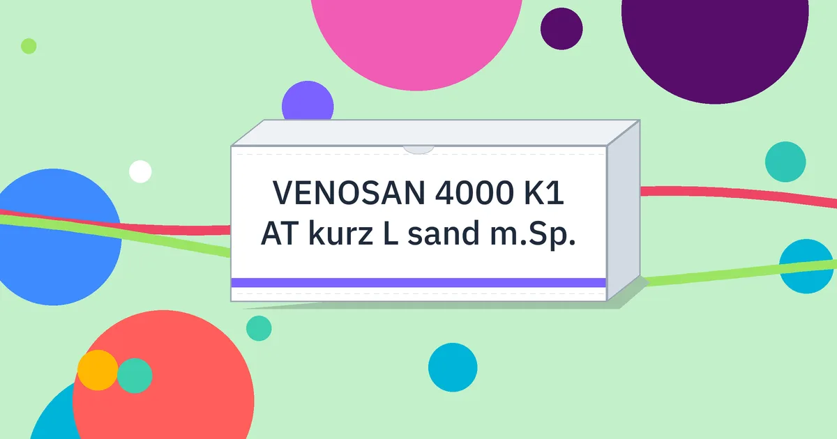Symbolbild: Packung mit der Aufschrift VENOSAN 4000 K1 AT kurz L sand m.Sp. (PZN 14421998) – Verfügbarkeit und Bezug in Apotheken in Frankfurt am Main