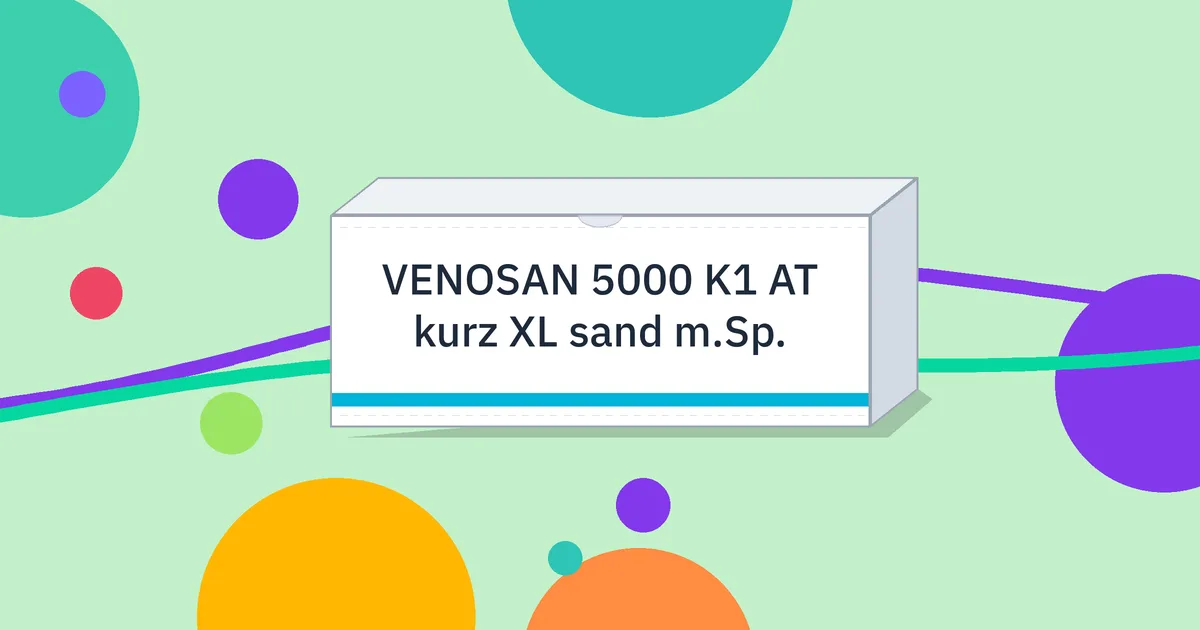 Symbolbild: Packung mit der Aufschrift VENOSAN 5000 K1 AT kurz XL sand m.Sp. (PZN 14428285) – Verfügbarkeit und Bezug in Apotheken in Frankfurt am Main