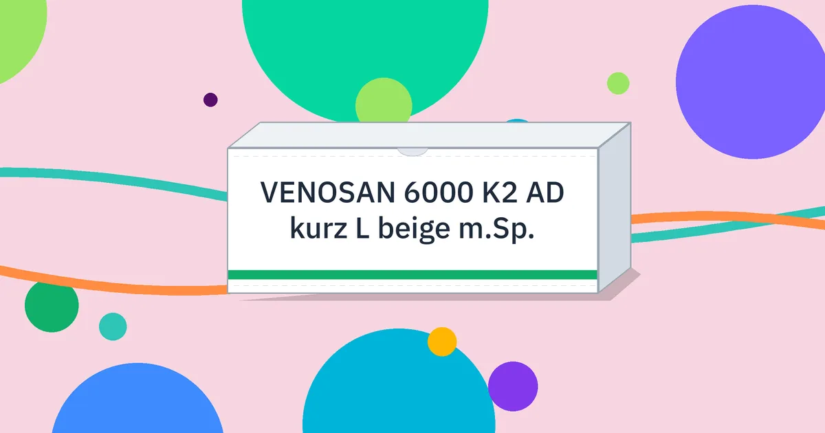 Symbolbild: Packung mit der Aufschrift VENOSAN 6000 K2 AD kurz L beige m.Sp. (PZN 17172343) – Verfügbarkeit und Bezug in Apotheken in Frankfurt am Main