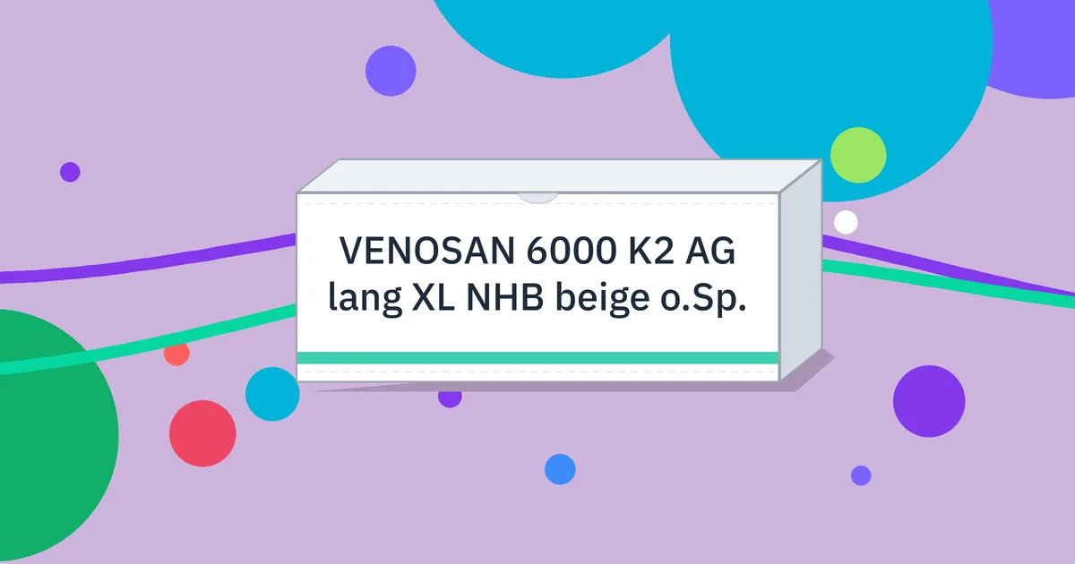Symbolbild: Packung mit der Aufschrift VENOSAN 6000 K2 AG lang XL NHB beige o.Sp. (PZN 17172662) – Verfügbarkeit und Bezug in Apotheken in Frankfurt am Main