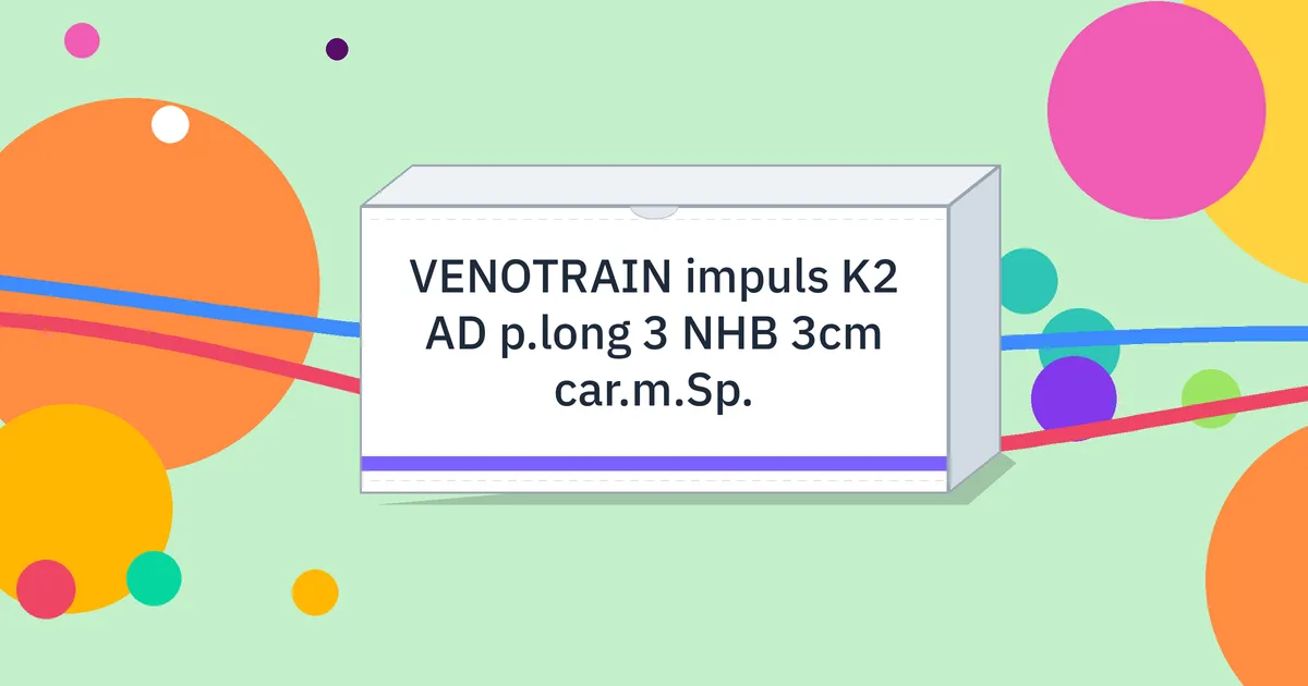 Symbolbild: Packung mit der Aufschrift VENOTRAIN impuls K2 AD p.long 3 NHB 3cm car.m.Sp. (PZN 00649427) – Verfügbarkeit und Bezug in Apotheken in Frankfurt am Main