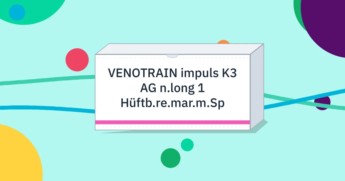 Symbolbild: Packung mit der Aufschrift VENOTRAIN impuls K3 AG n.long 1 Hüftb.re.mar.m.Sp (PZN 15217596) – Verfügbarkeit und Bezug in Apotheken in Frankfurt am Main