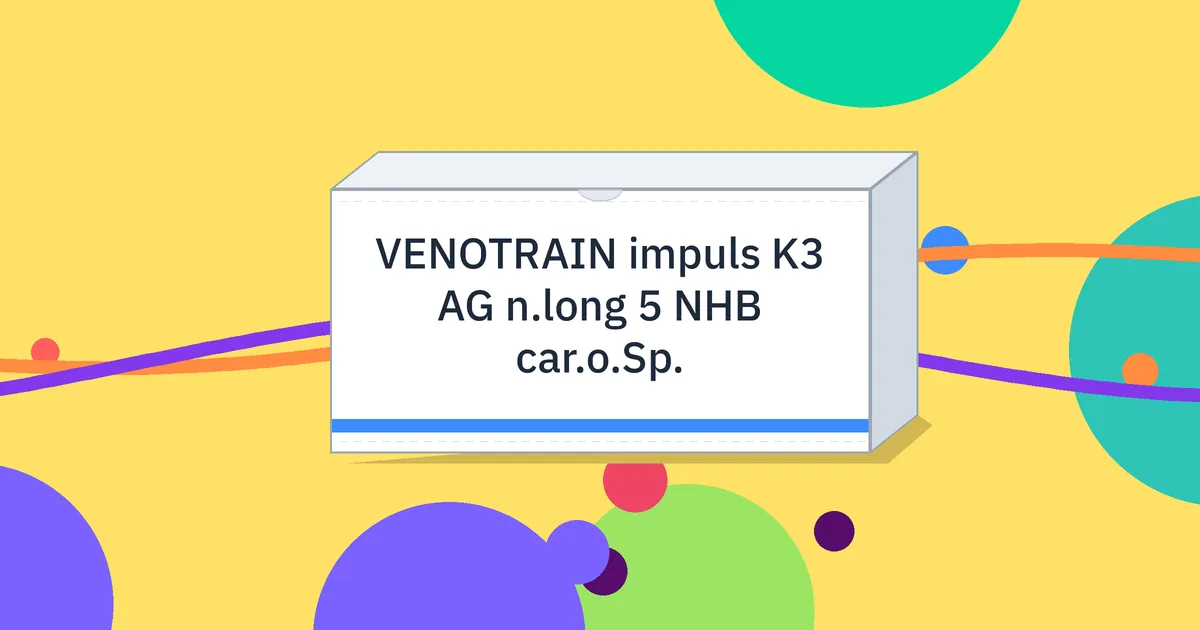 Symbolbild: Packung mit der Aufschrift VENOTRAIN impuls K3 AG n.long 5 NHB car.o.Sp. (PZN 08422172) – Verfügbarkeit und Bezug in Apotheken in Frankfurt am Main