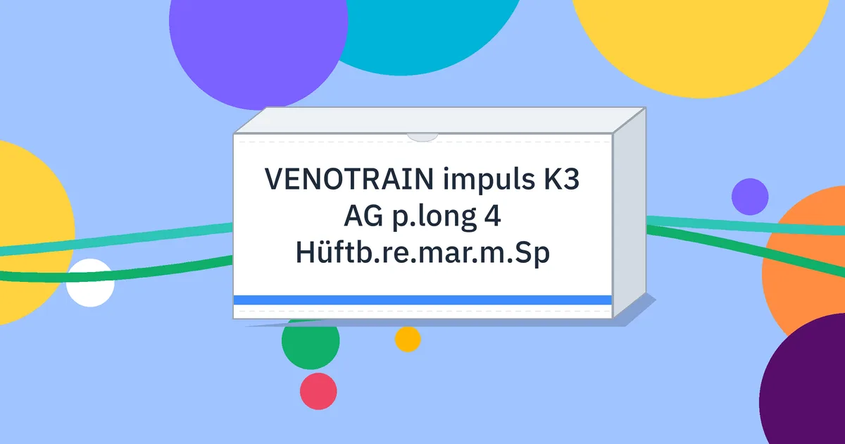 Symbolbild: Packung mit der Aufschrift VENOTRAIN impuls K3 AG p.long 4 Hüftb.re.mar.m.Sp (PZN 15217780) – Verfügbarkeit und Bezug in Apotheken in Frankfurt am Main