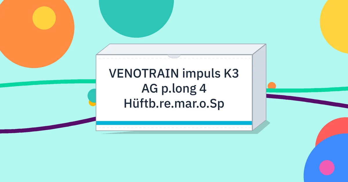 Symbolbild: Packung mit der Aufschrift VENOTRAIN impuls K3 AG p.long 4 Hüftb.re.mar.o.Sp (PZN 15218064) – Verfügbarkeit und Bezug in Apotheken in Frankfurt am Main