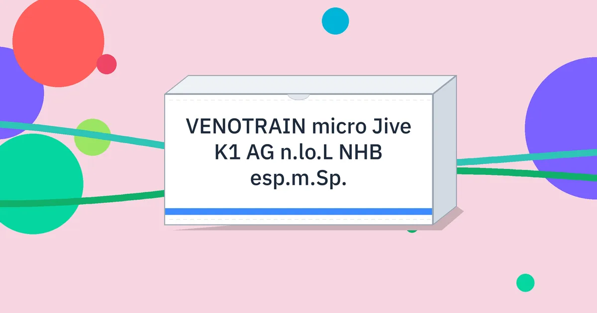 Symbolbild: Packung mit der Aufschrift VENOTRAIN micro Jive K1 AG n.lo.L NHB esp.m.Sp. (PZN 17765741) – Verfügbarkeit und Bezug in Apotheken in Frankfurt am Main