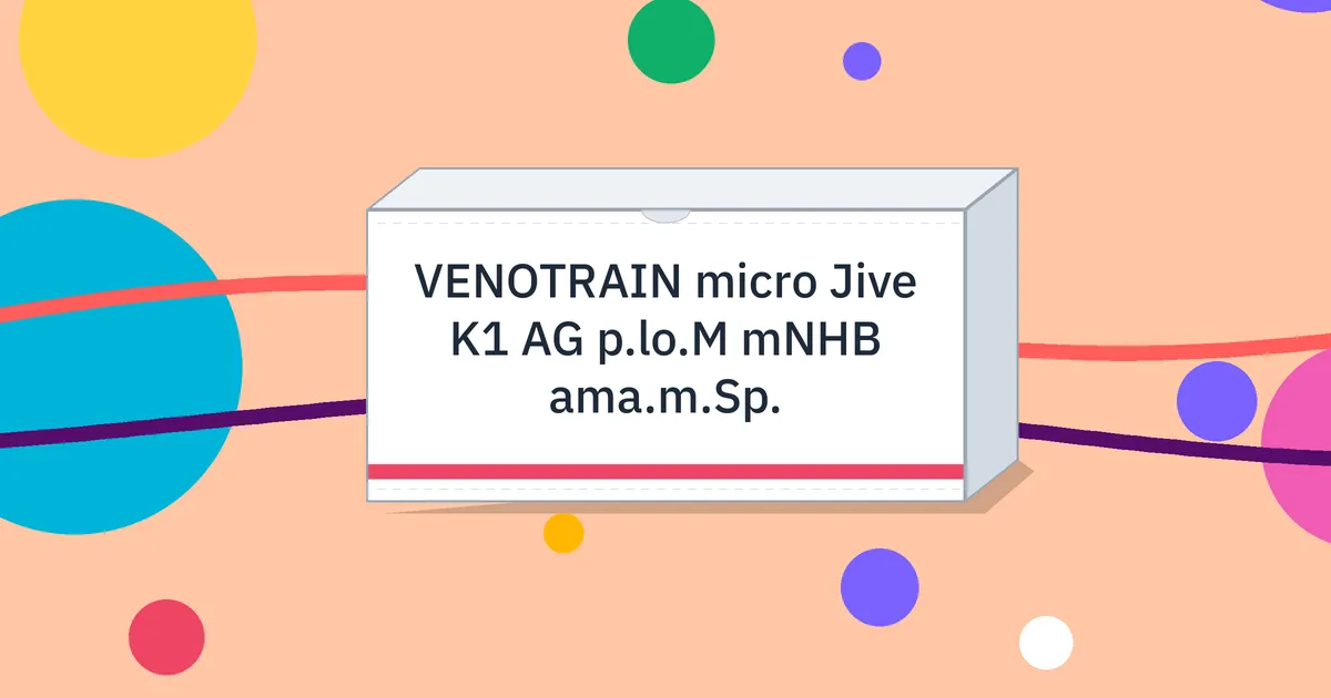 Symbolbild: Packung mit der Aufschrift VENOTRAIN micro Jive K1 AG p.lo.M mNHB ama.m.Sp. (PZN 17759574) – Verfügbarkeit und Bezug in Apotheken in Frankfurt am Main