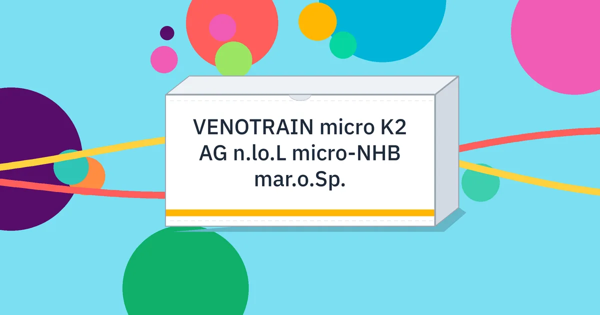 Symbolbild: Packung mit der Aufschrift VENOTRAIN micro K2 AG n.lo.L micro-NHB mar.o.Sp. (PZN 16066314) – Verfügbarkeit und Bezug in Apotheken in Frankfurt am Main
