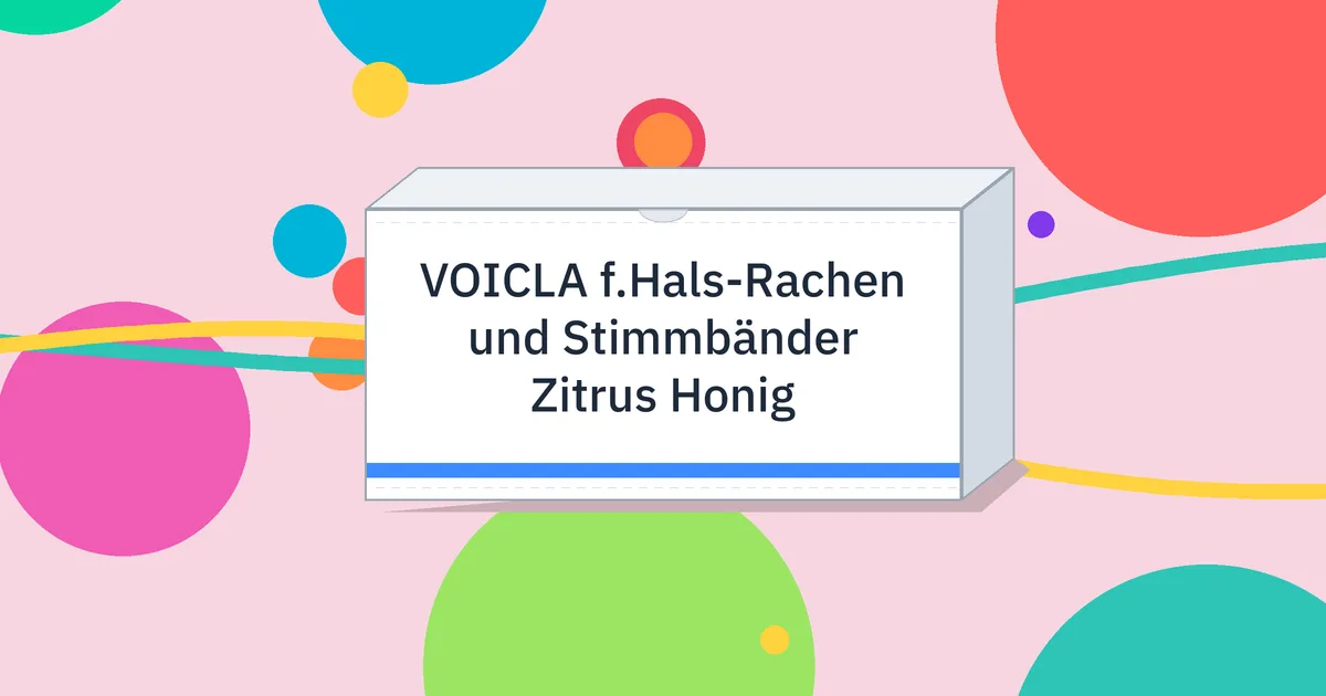 Symbolbild: Packung mit der Aufschrift VOICLA f.Hals-Rachen und Stimmbänder Zitrus Honig (PZN 20009718) – Verfügbarkeit und Bezug in Apotheken in Frankfurt am Main