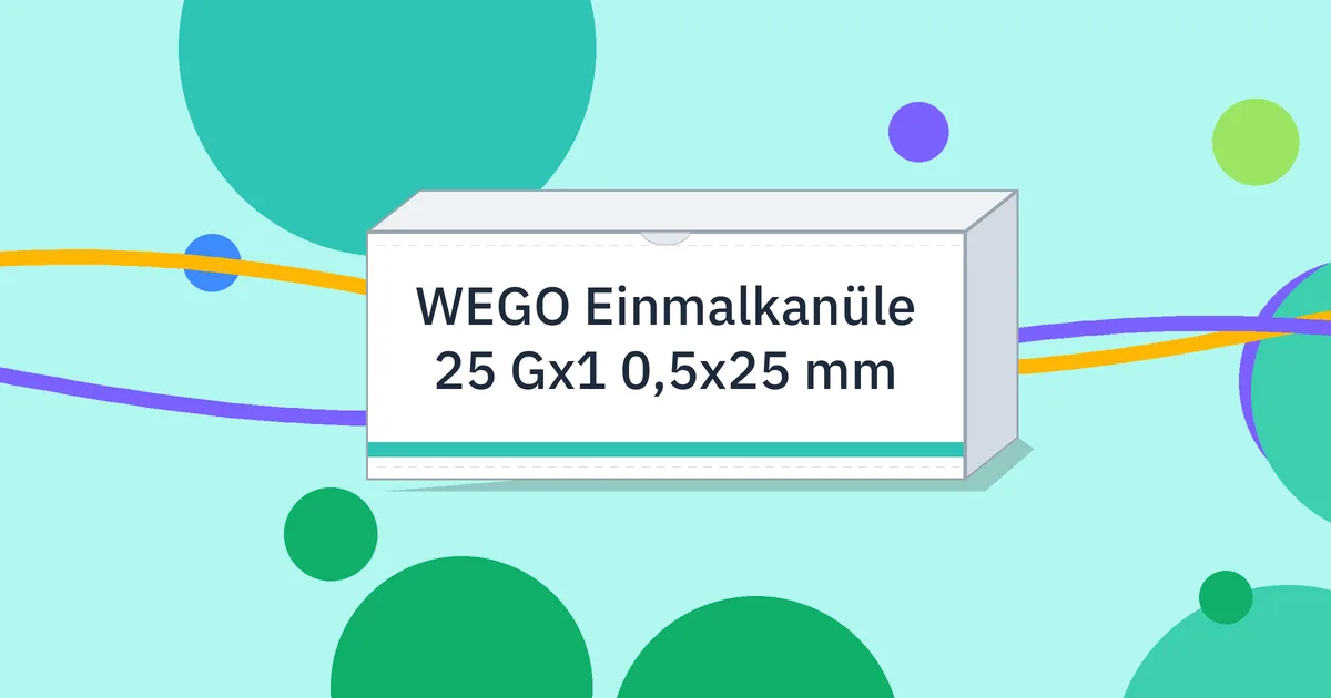 Symbolbild: Packung mit der Aufschrift WEGO Einmalkanüle 25 Gx1 0,5x25 mm (PZN 18859728) – Verfügbarkeit und Bezug in Apotheken in Frankfurt am Main