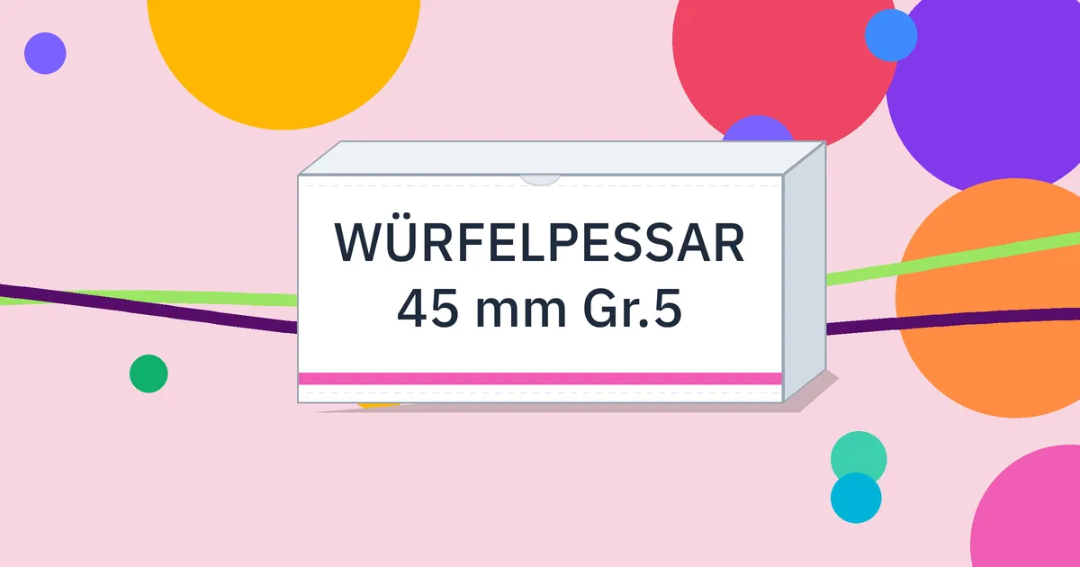 Symbolbild: Packung mit der Aufschrift WÜRFELPESSAR 45 mm Gr.5 (PZN 07286169) – Verfügbarkeit und Bezug in Apotheken in Frankfurt am Main