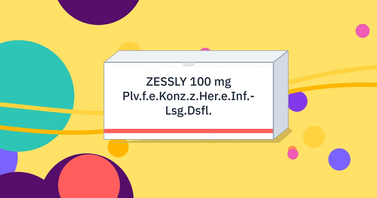 Symbolbild: Packung mit der Aufschrift ZESSLY 100 mg Plv.f.e.Konz.z.Her.e.Inf.-Lsg.Dsfl. (PZN 19398502) – Verfügbarkeit und Bezug in Apotheken in Frankfurt am Main