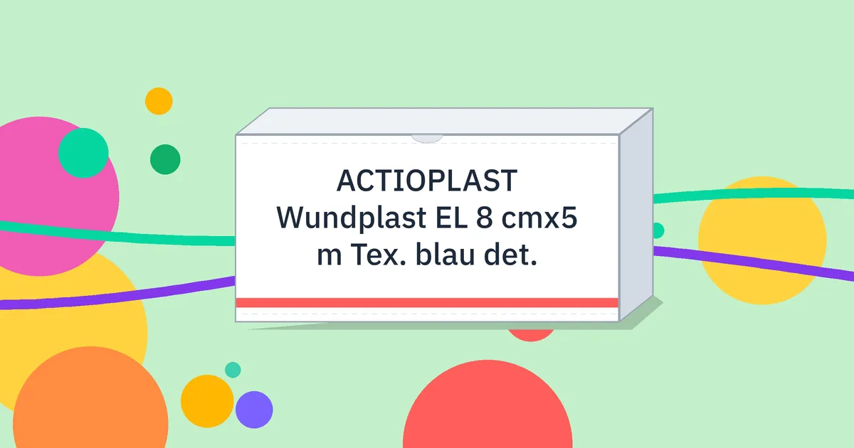 Symbolbild: Packung mit der Aufschrift ACTIOPLAST Wundplast EL 8 cmx5 m Tex. blau det. (PZN 05392737) – Verfügbarkeit und Bezug in Apotheken in Frankfurt am Main