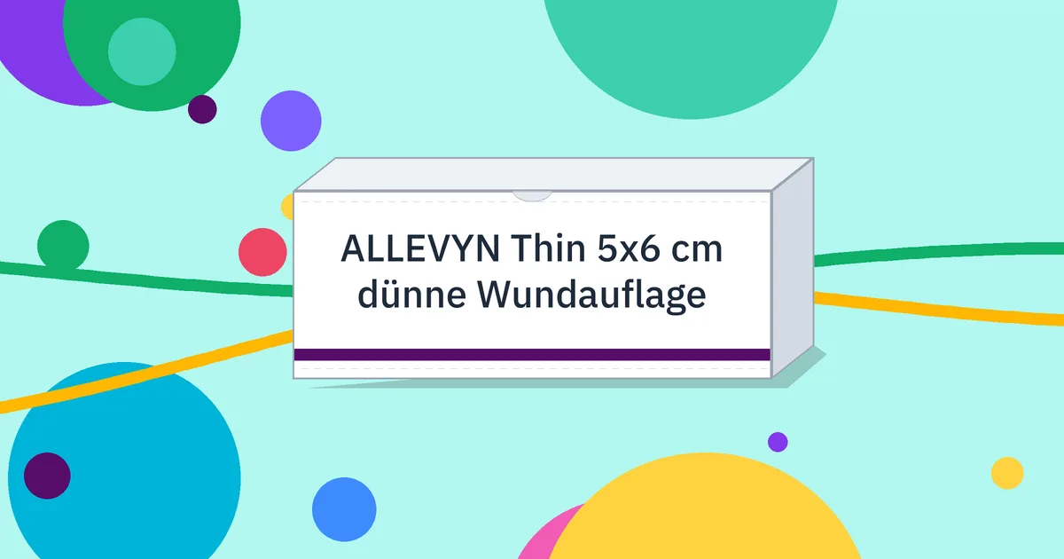 Symbolbild: Packung mit der Aufschrift ALLEVYN Thin 5x6 cm dünne Wundauflage (PZN 19698411) – Verfügbarkeit und Bezug in Apotheken in Frankfurt am Main